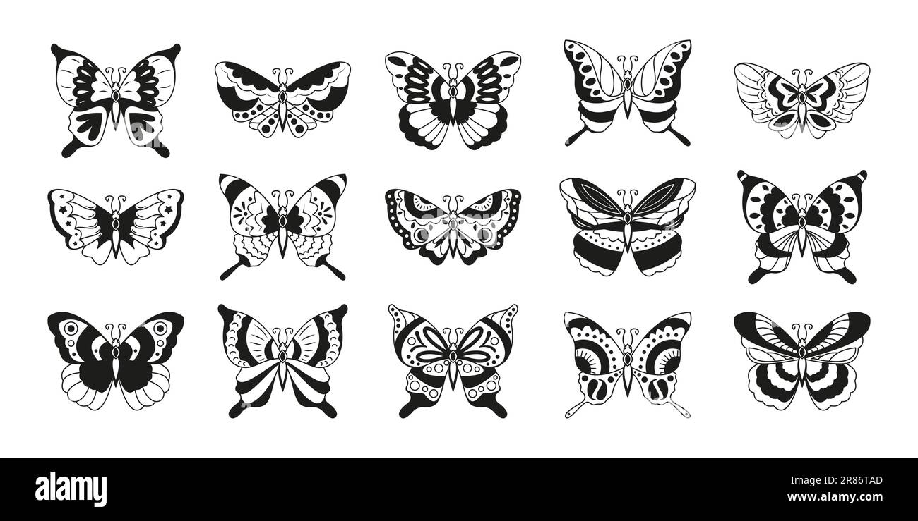 Black butterfly stickers. Realistic flying monarch and moth butterfly ...