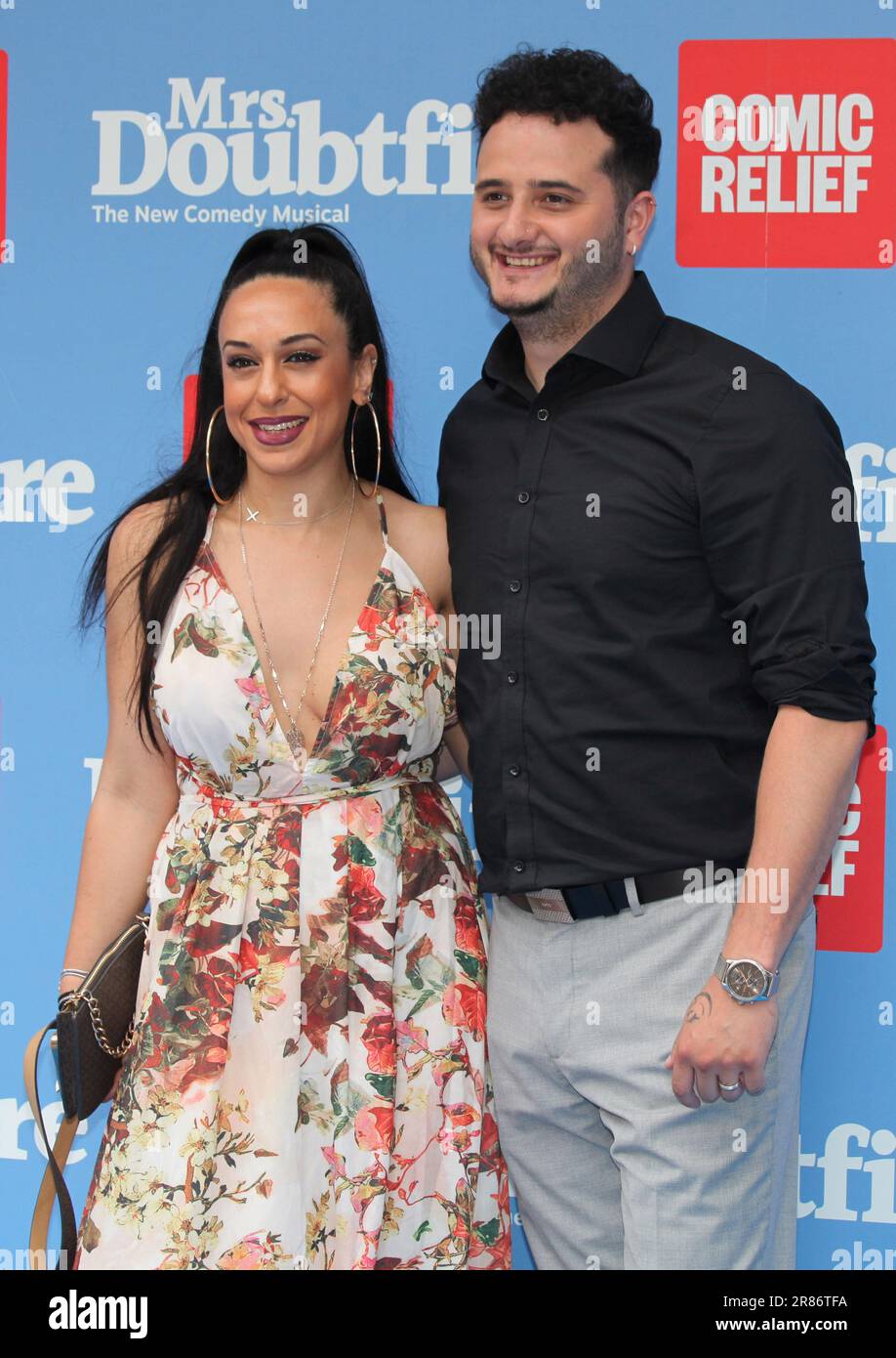 London, UK. Wilfred Webster (right) and guest at the Mrs Doubtfire ...