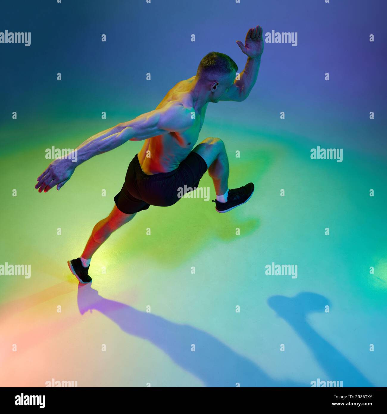 Sport achievements. Top view image of man, professional runner, athlete ...