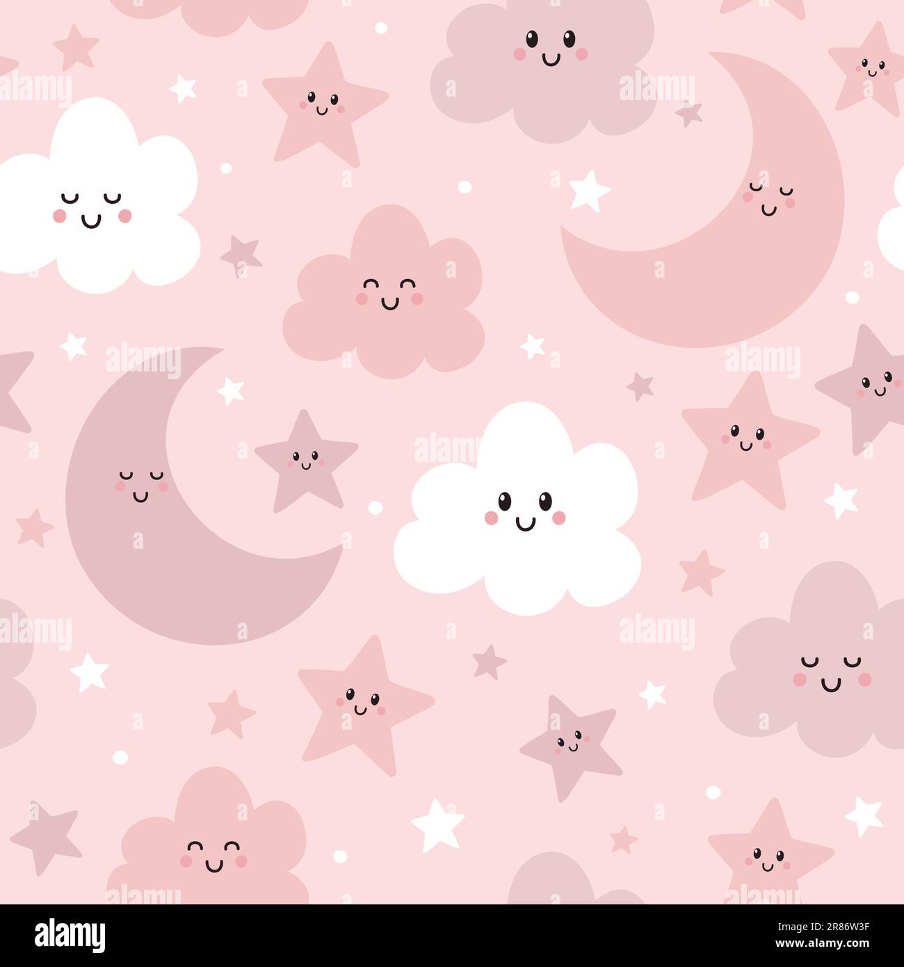 Seamless pattern with cute moon, clouds and stars. Sleeping moon, baby ...