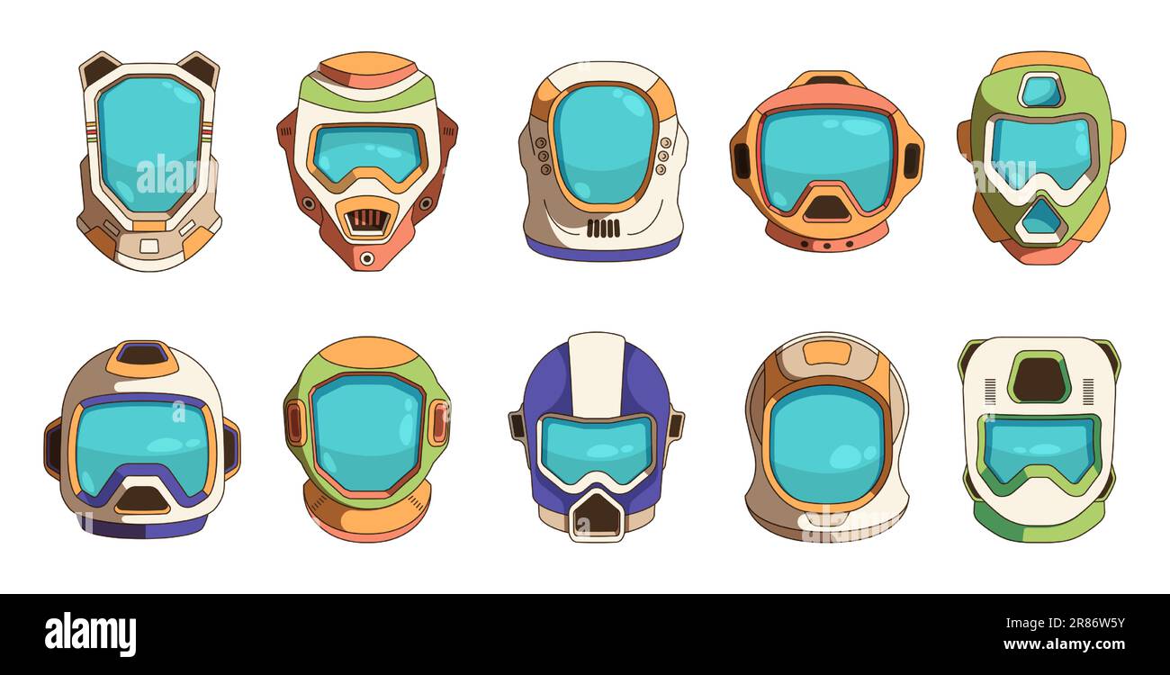 Cartoon astronaut head set. Futuristic comic space costume, 2d game ...