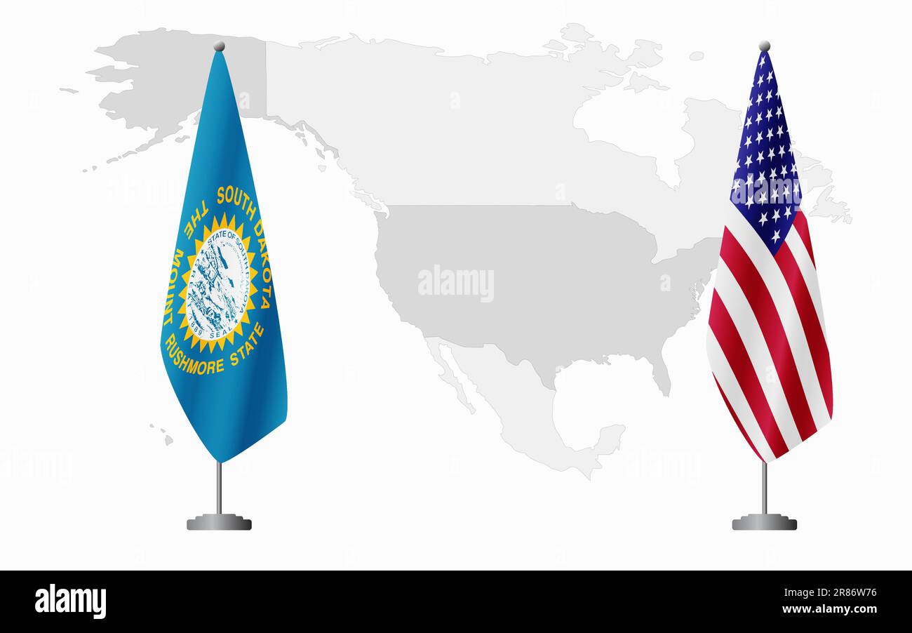 South Dakota US and USA flags for official meeting against background ...