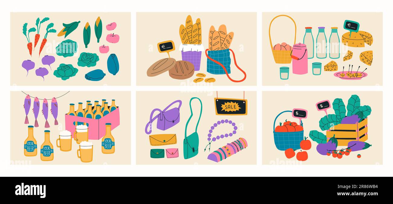 Big set of illustrations of fair of local products. Market for home ...