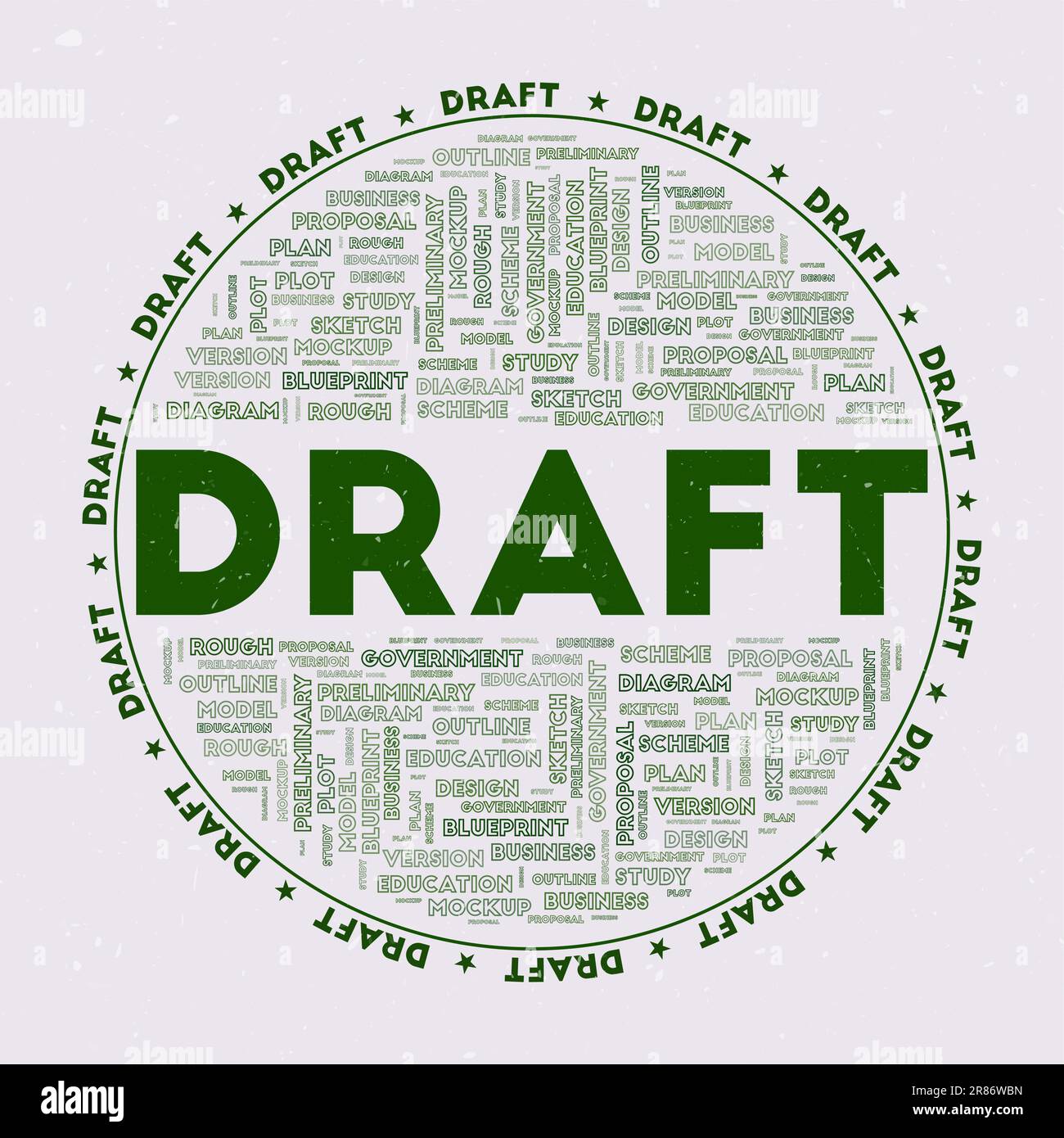 Draft - round badge. Text draft with keywords word clouds and circular ...