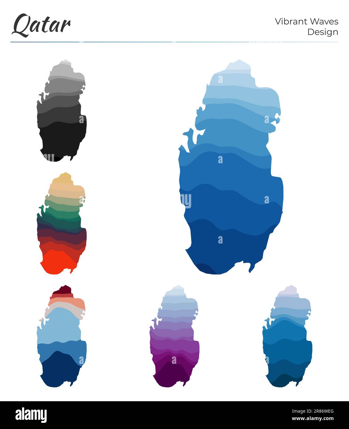 Set of vector maps of Qatar. Vibrant waves design. Bright map of country in geometric smooth ...