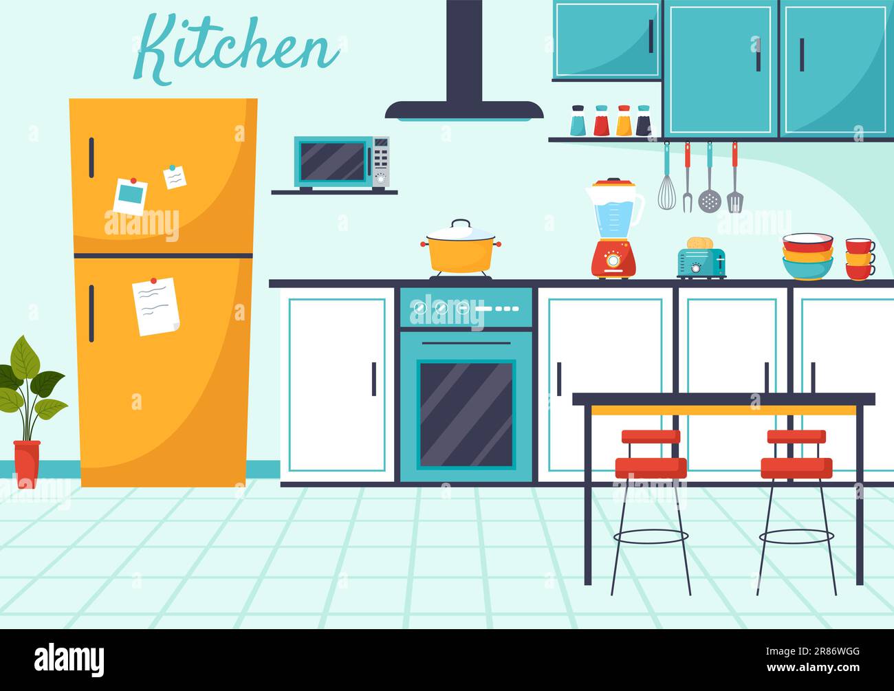 Kitchen Architecture Vector Illustration with Furniture and Interior ...