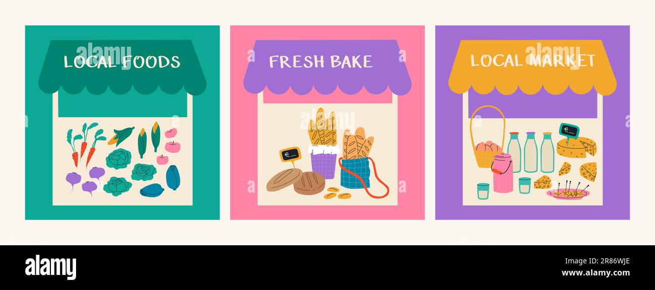 Set of illustrations of the local market. Fair of homemade products ...