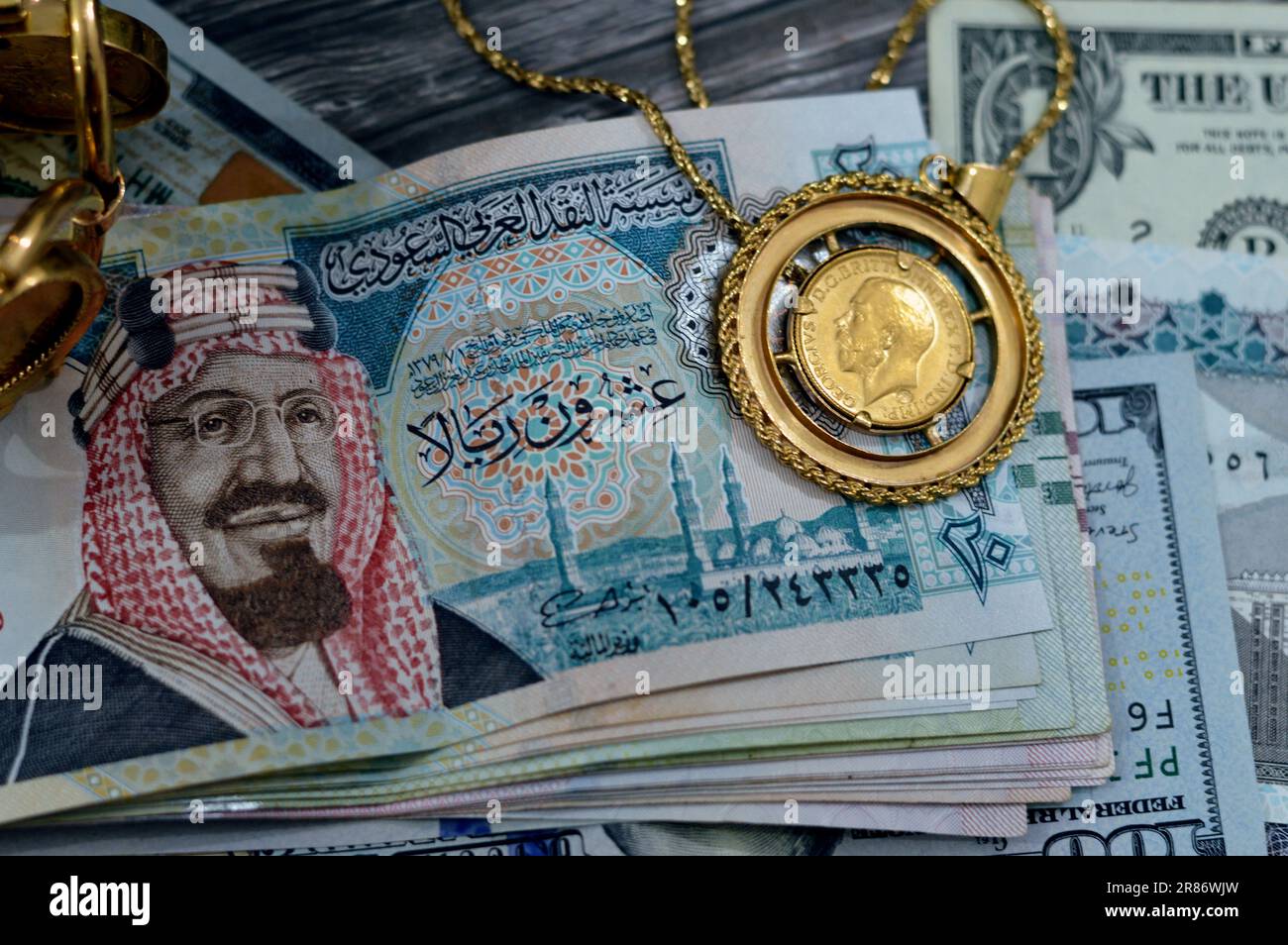 American dollars, Egyptian pounds and Saudi Arabia Riyals banknotes ...