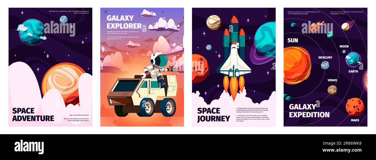 Cartoon space posters. Colorful space exploration and cosmic flight ...