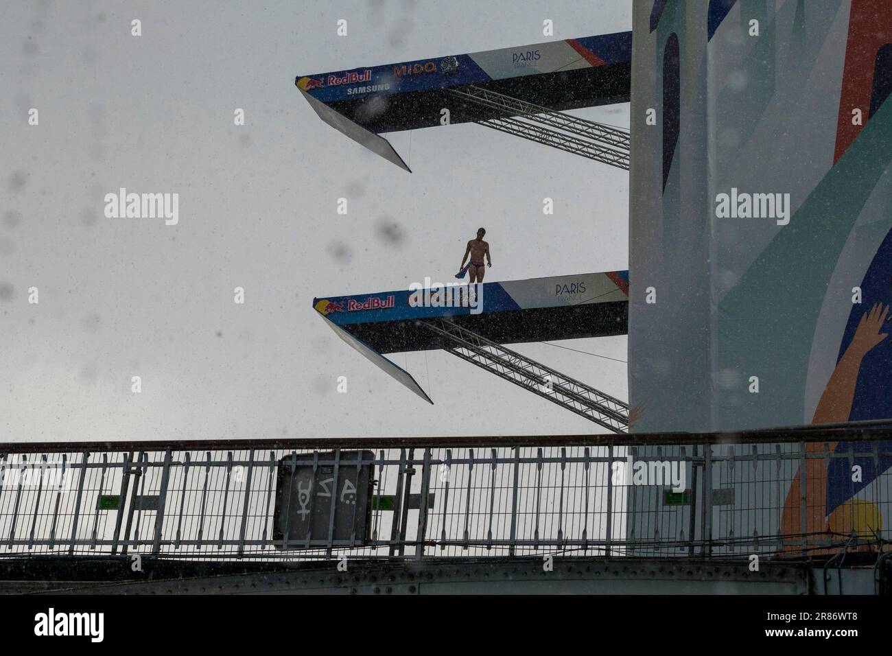 Paris, France. 17th June, 2023. Illustration of the two diving boards in driving rain and a ...
