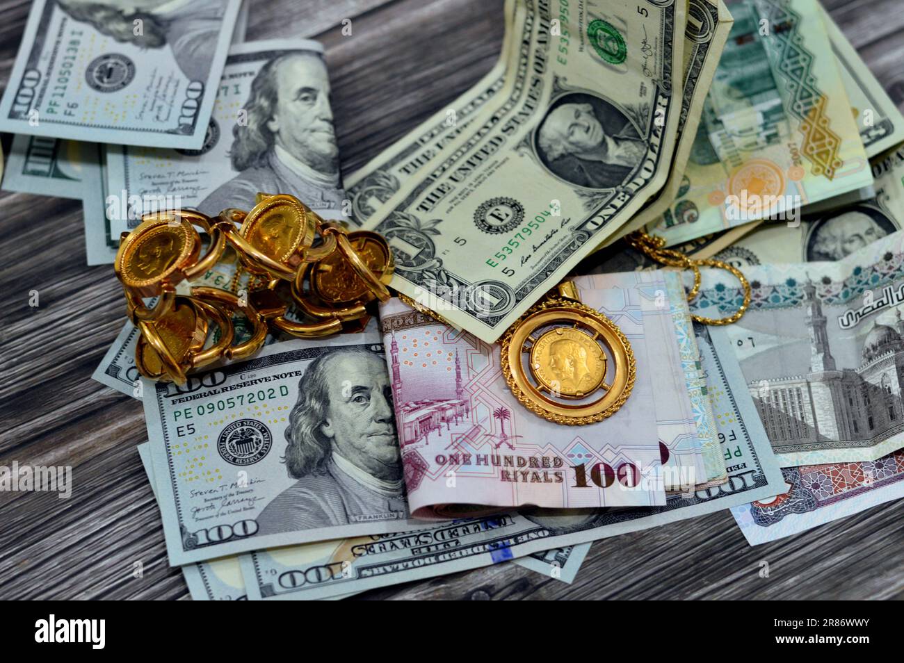 American dollars, Egyptian pounds and Saudi Arabia Riyals banknotes ...