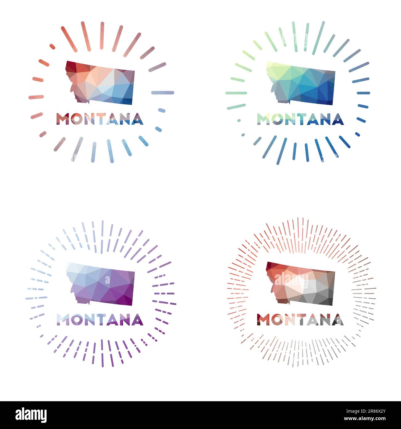 Montana low poly sunburst set. Logo of US state in geometric polygonal ...