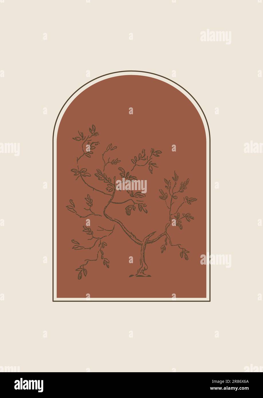 Growing tree in arch hand drawn abstract illustration poster Stock ...