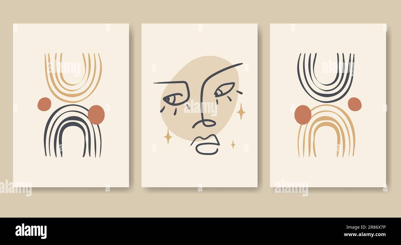 Abstract Woman Face One Line Drawing Illustration Set Doodle Portrait