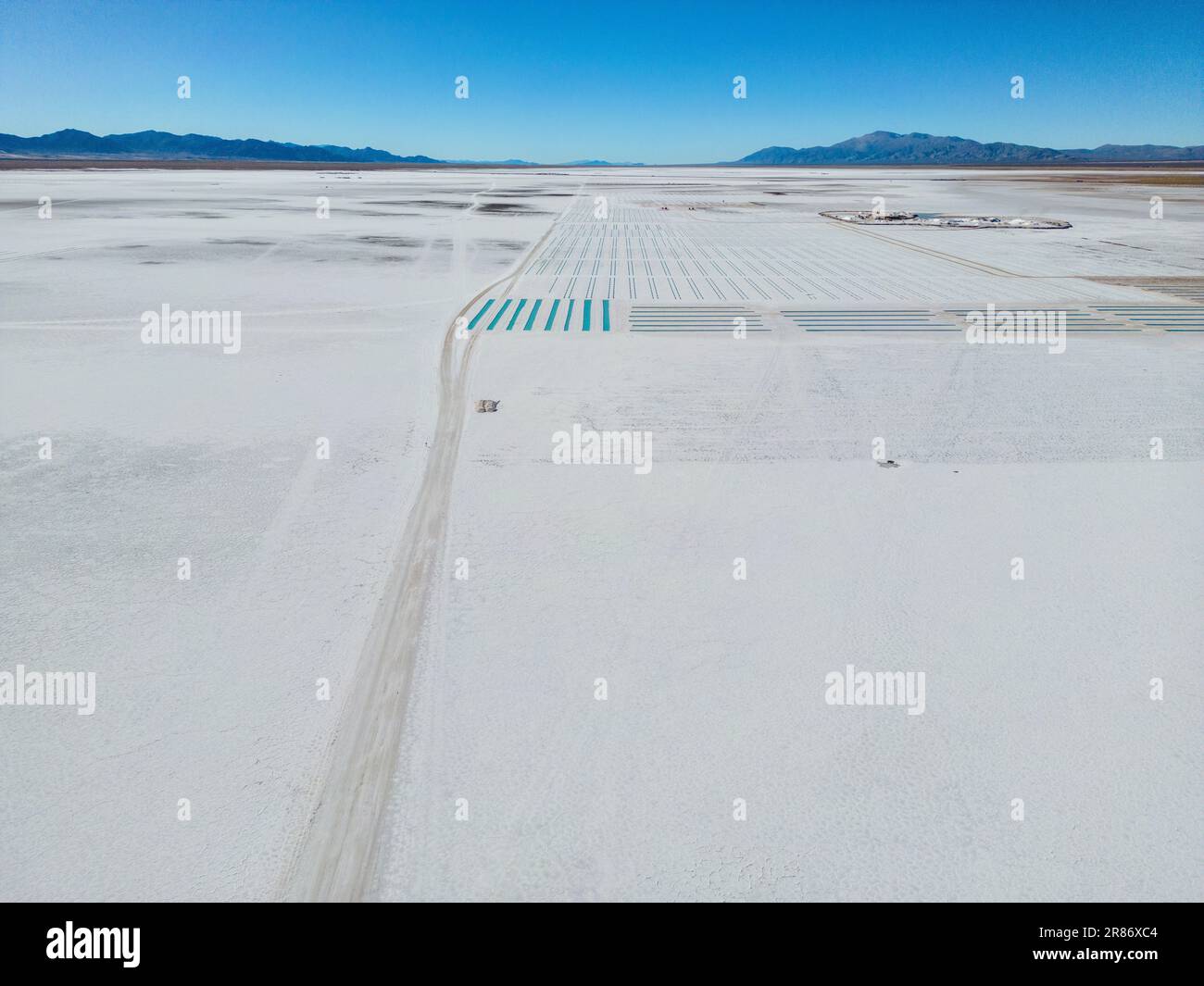 Aerial view of the salt basins in the salt crust of the huge salt flats ...