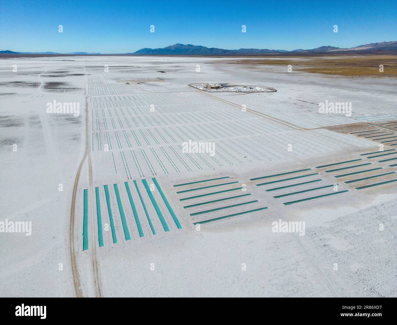 Aerial view of the salt basins in the salt crust of the huge salt flats ...