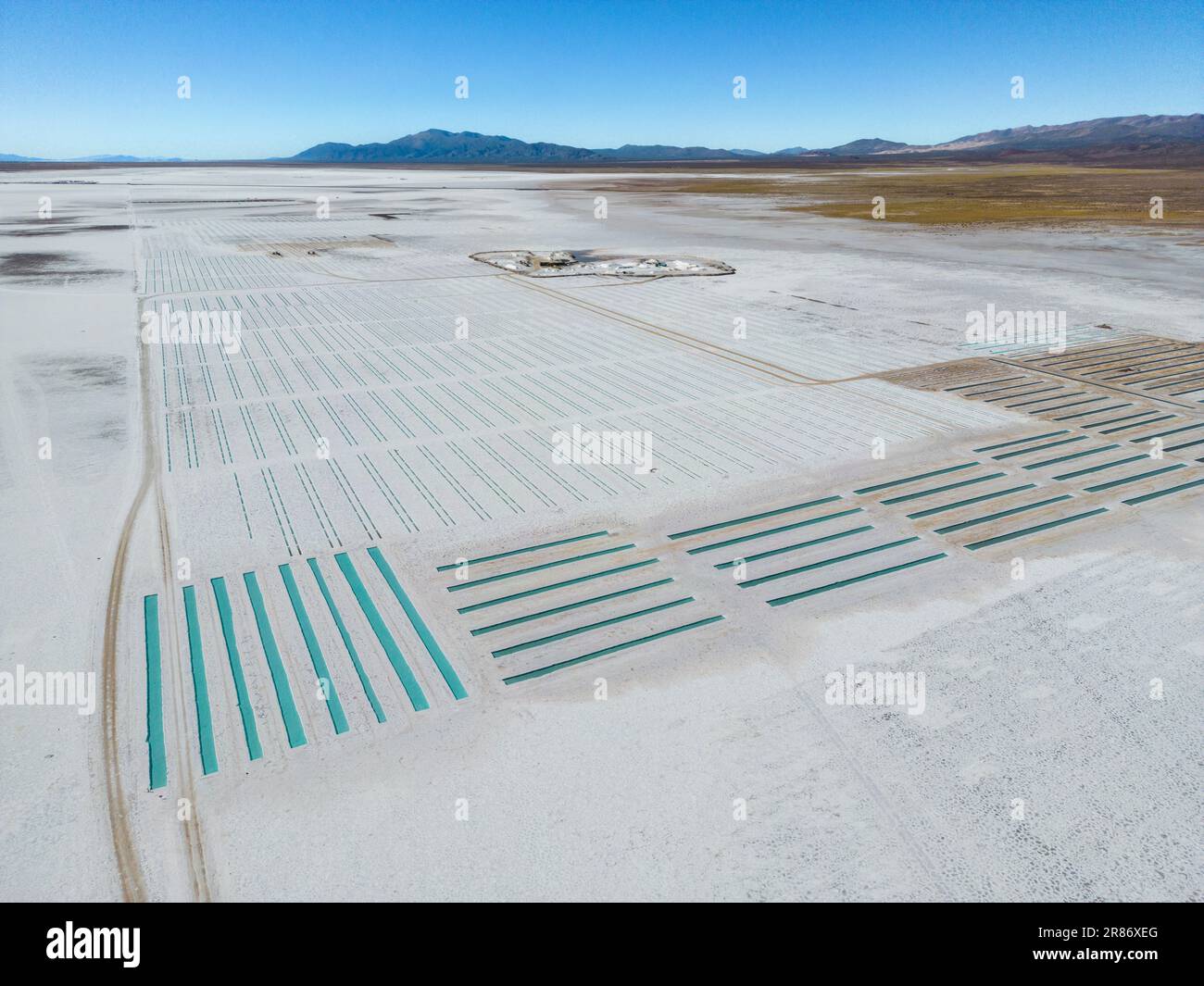 Aerial view of the salt basins in the salt crust of the huge salt flats ...