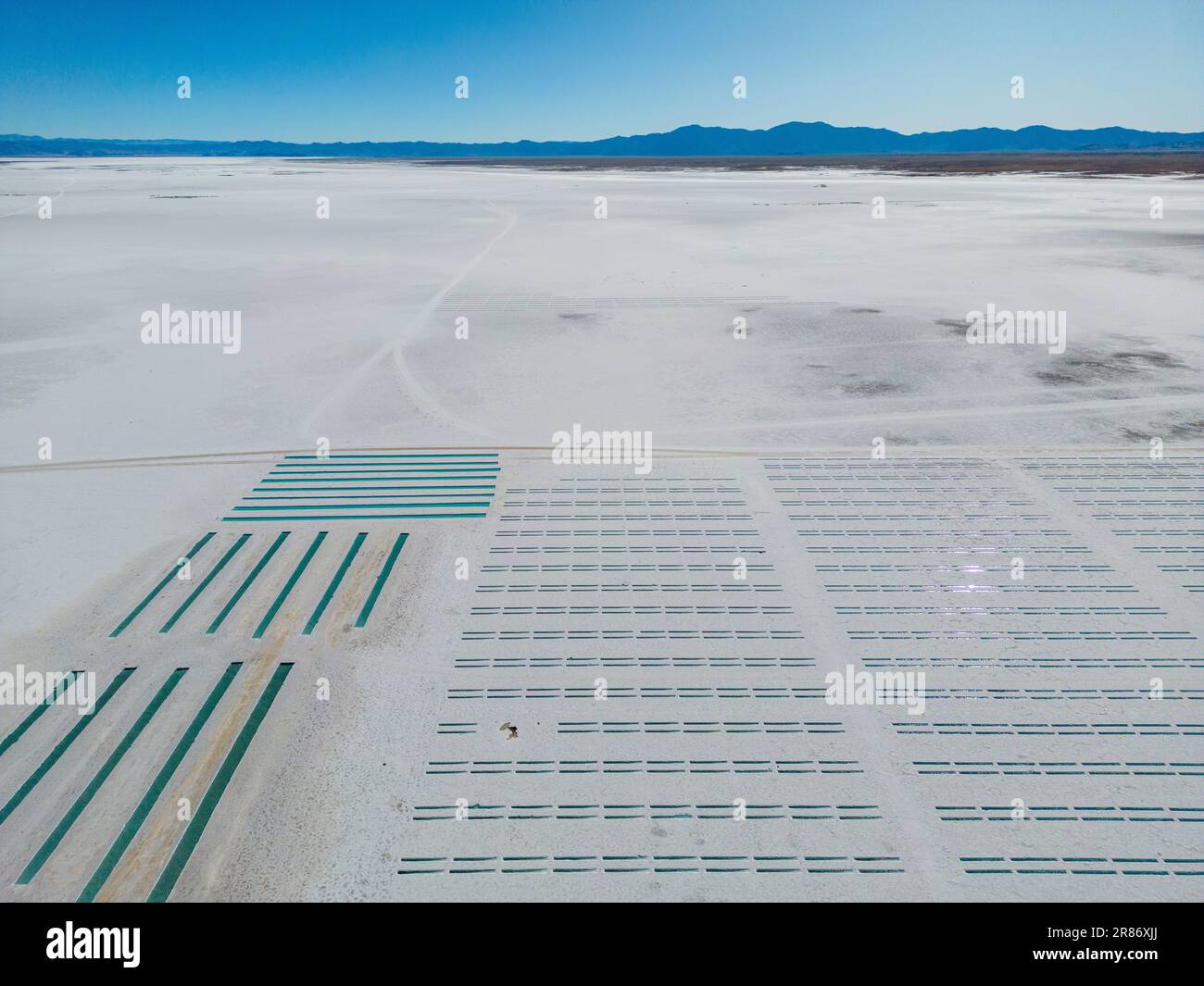 Aerial view of the salt basins in the salt crust of the huge salt flats ...