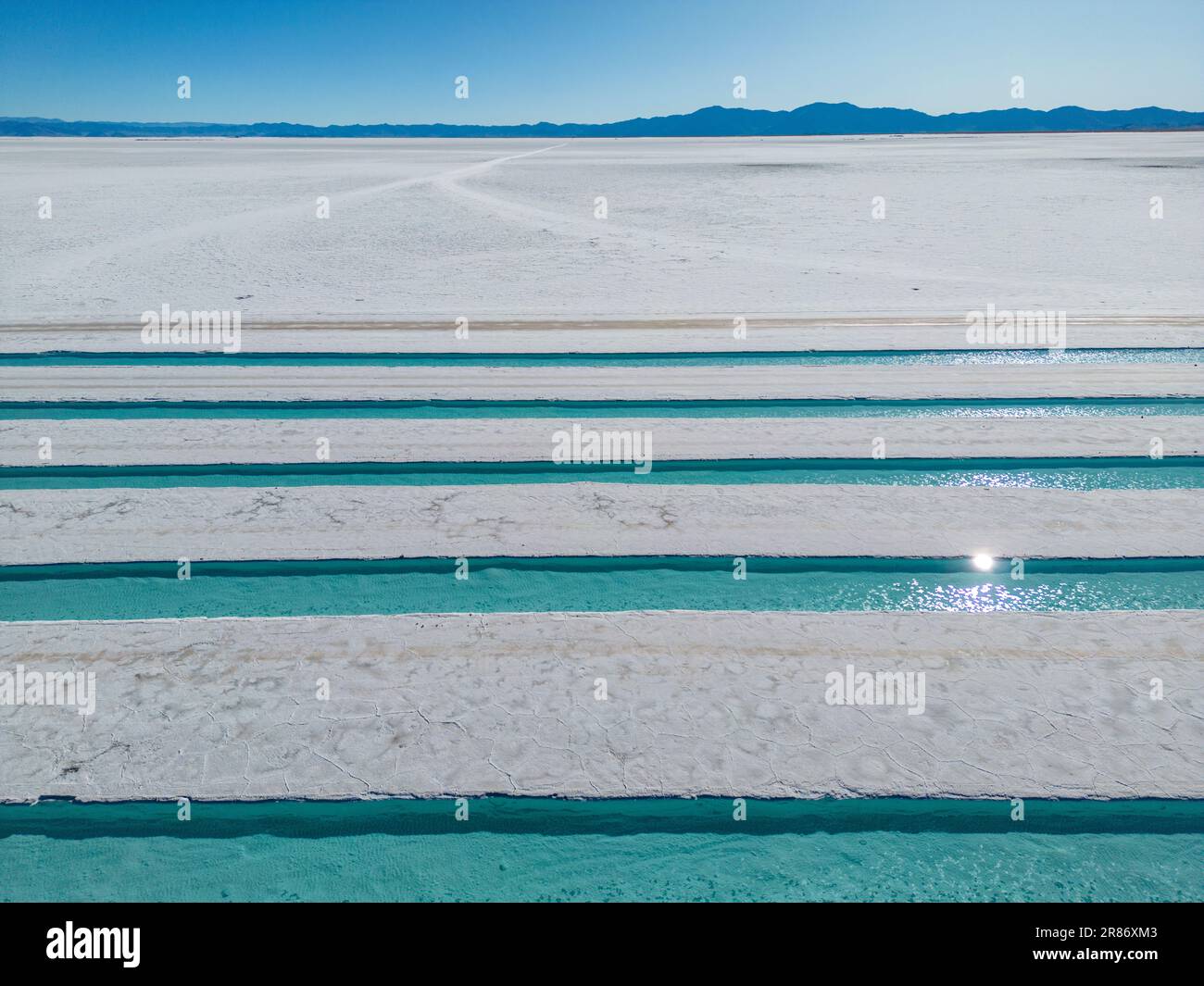 Aerial view of the salt basins in the salt crust of the huge salt flats ...