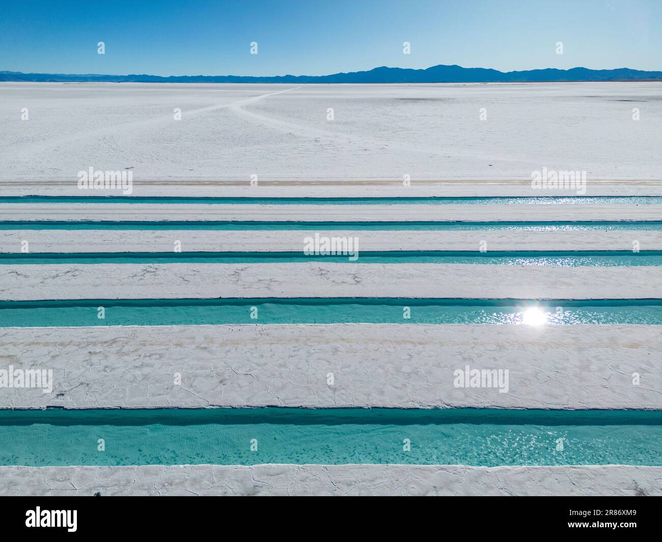 Aerial view of the salt basins in the salt crust of the huge salt flats ...