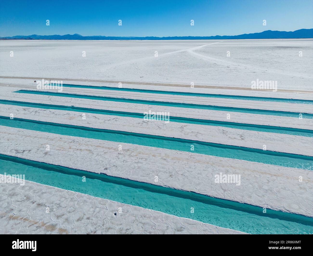 Aerial view of the salt basins in the salt crust of the huge salt flats ...