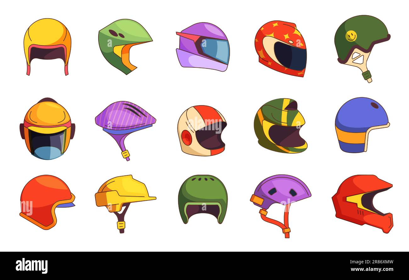 Cartoon helmets collection. Head protection sport headgear, racing bike ...