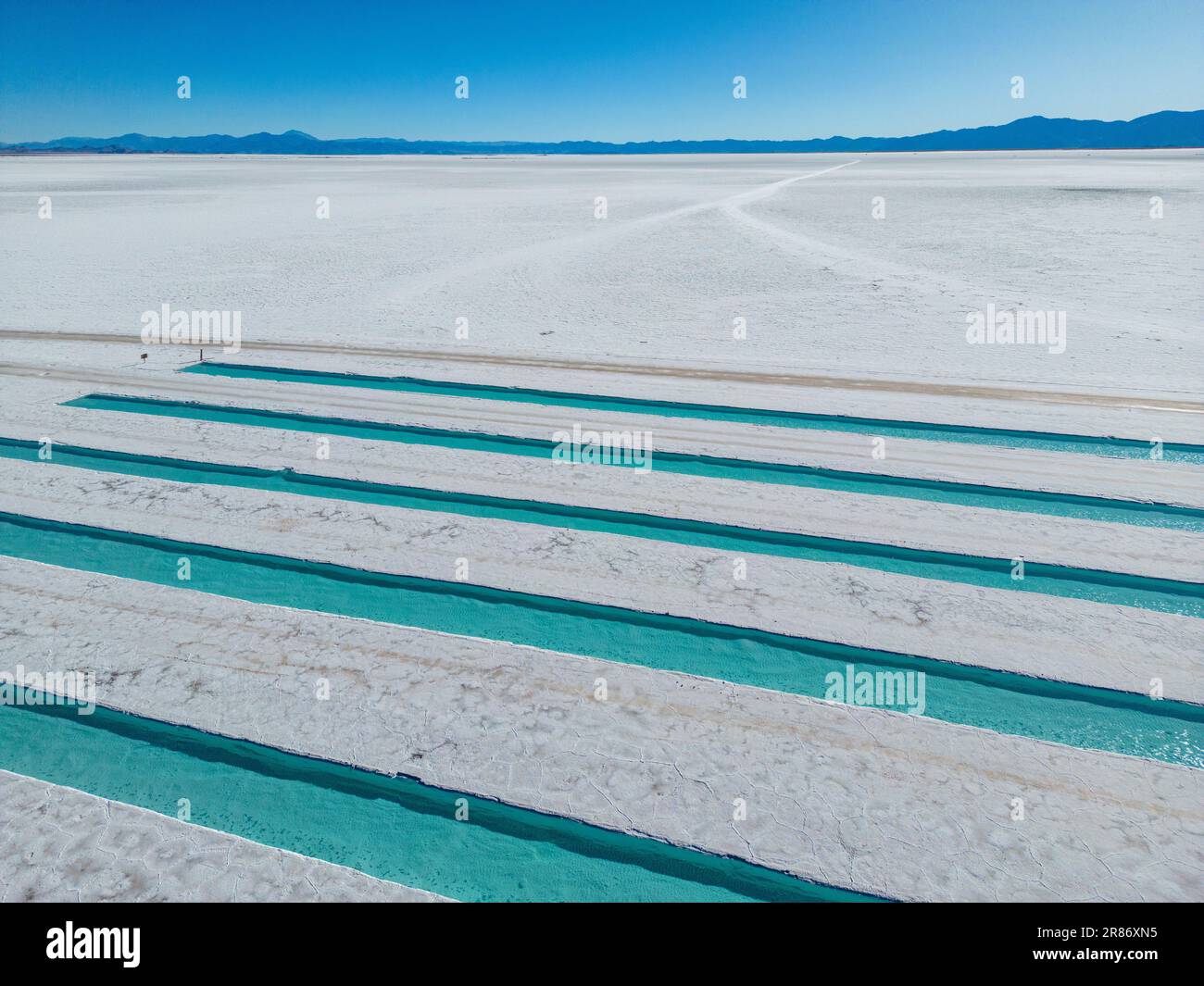 Aerial view of the salt basins in the salt crust of the huge salt flats ...