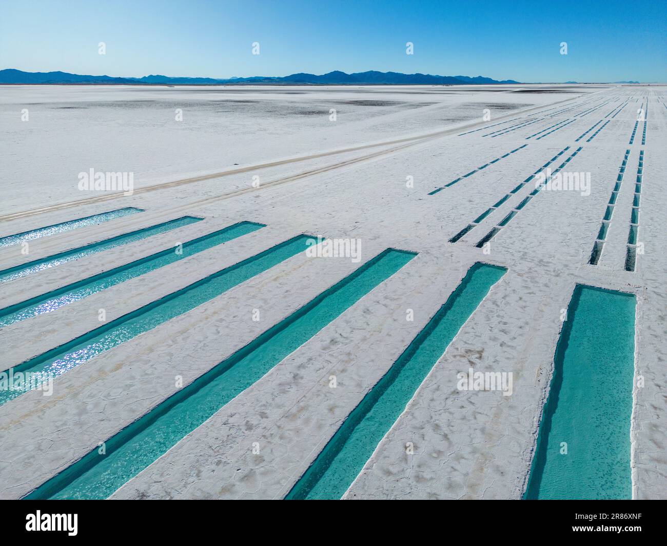 Aerial view of the salt basins in the salt crust of the huge salt flats ...