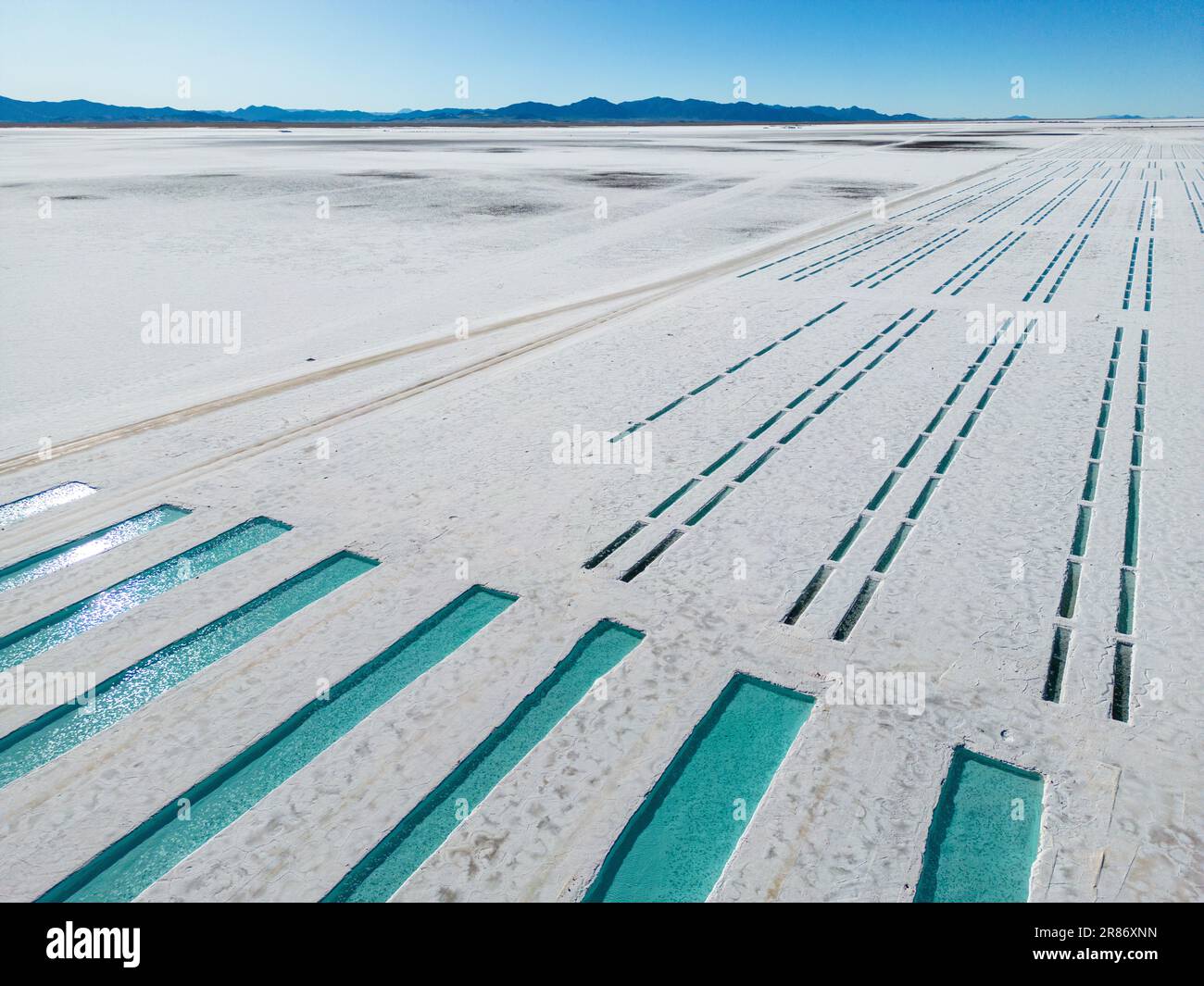 Aerial view of the salt basins in the salt crust of the huge salt flats ...