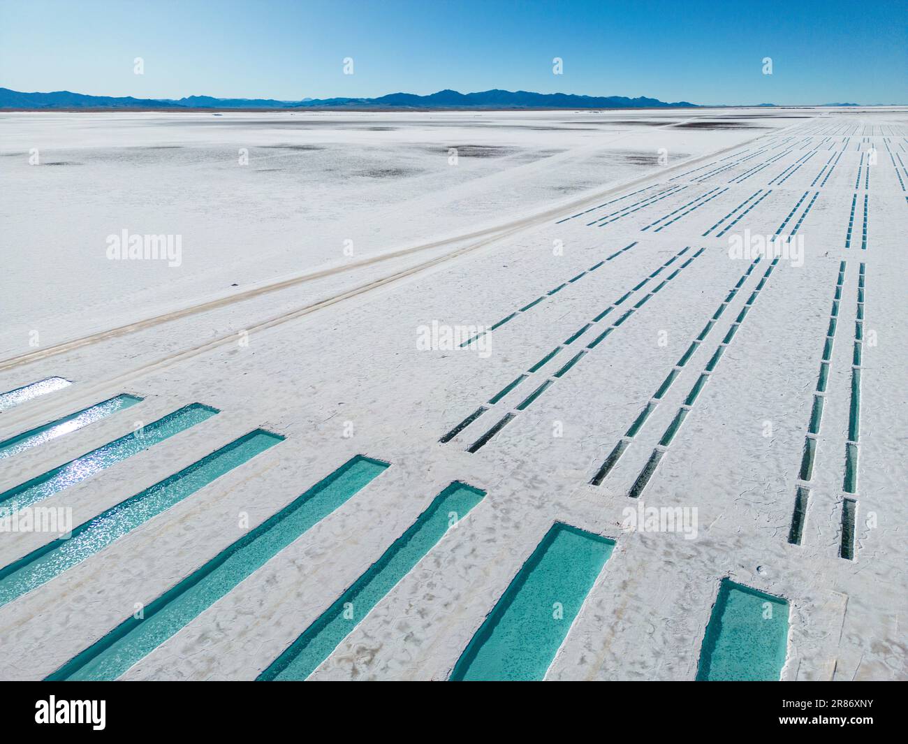 Aerial view of the salt basins in the salt crust of the huge salt flats ...