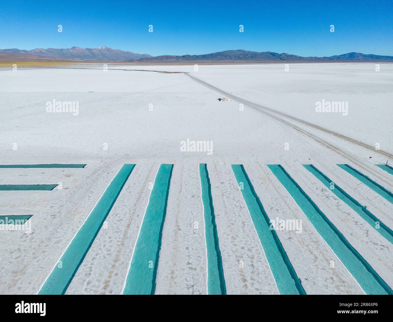 Aerial view of the salt basins in the salt crust of the huge salt flats ...