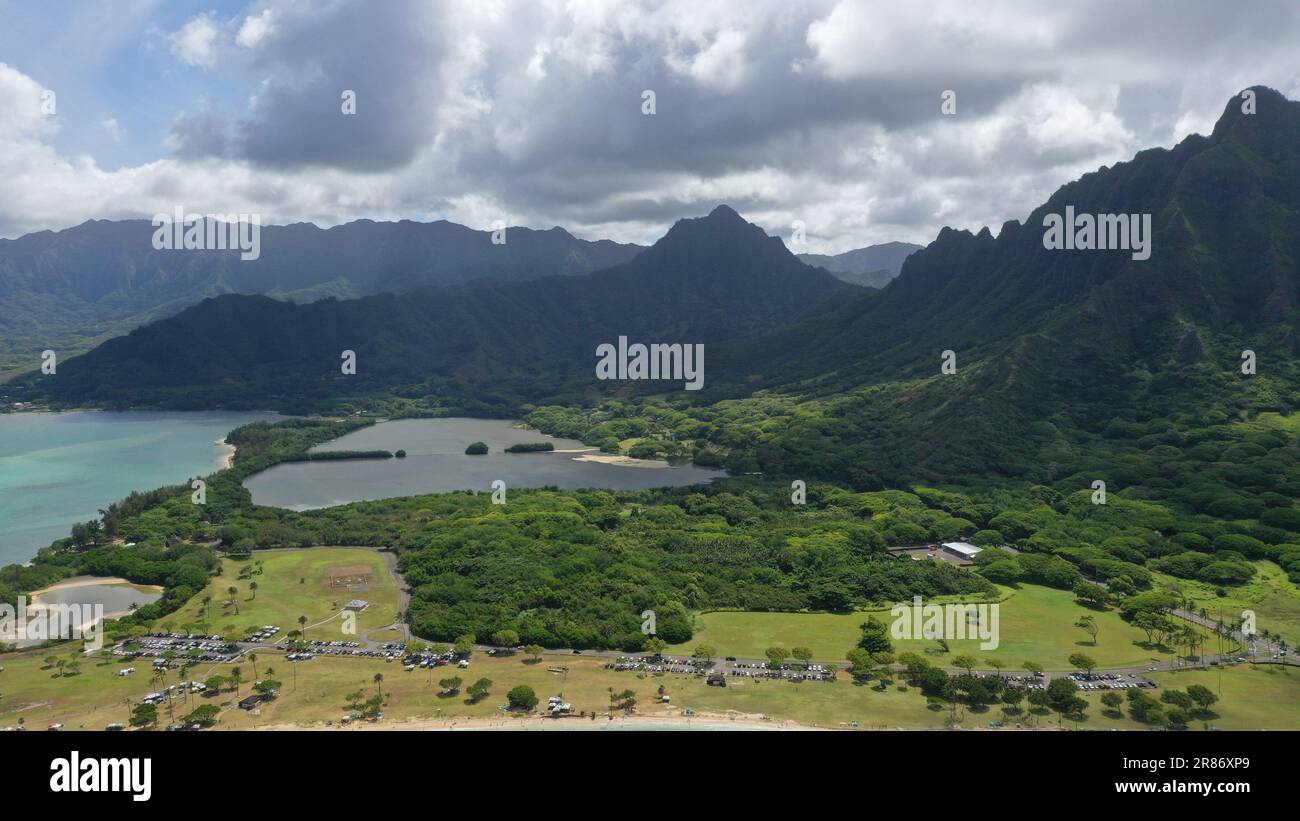 Beautiful aerial view of Kualoa Regional Park in Hawaii Stock Photo - Alamy