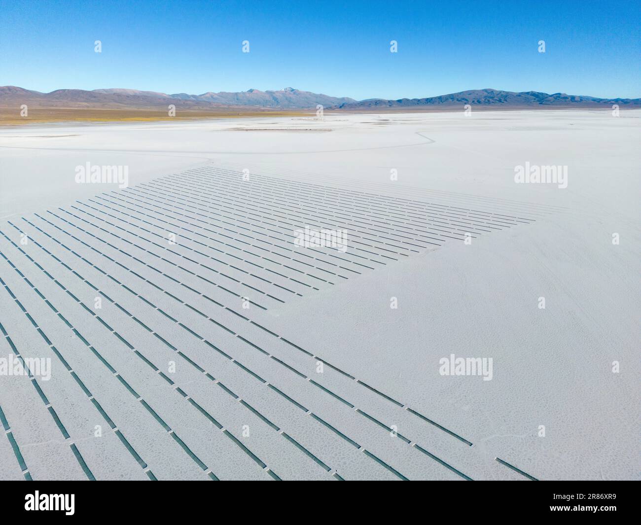 Aerial view of the salt basins in the salt crust of the huge salt flats ...