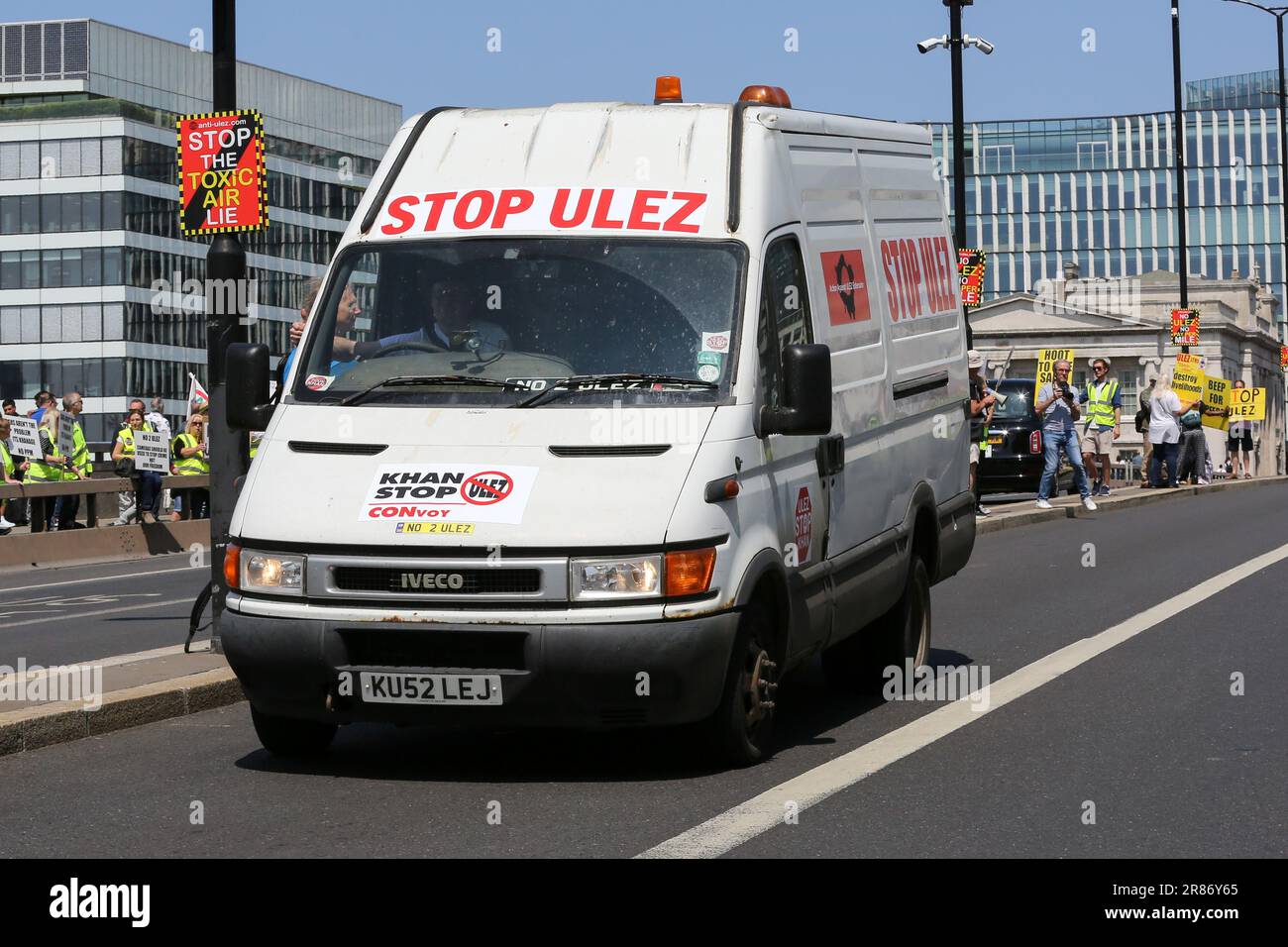 London, UK. 19th June, 2023. An anti ULEZ van seen on London Bridge ...