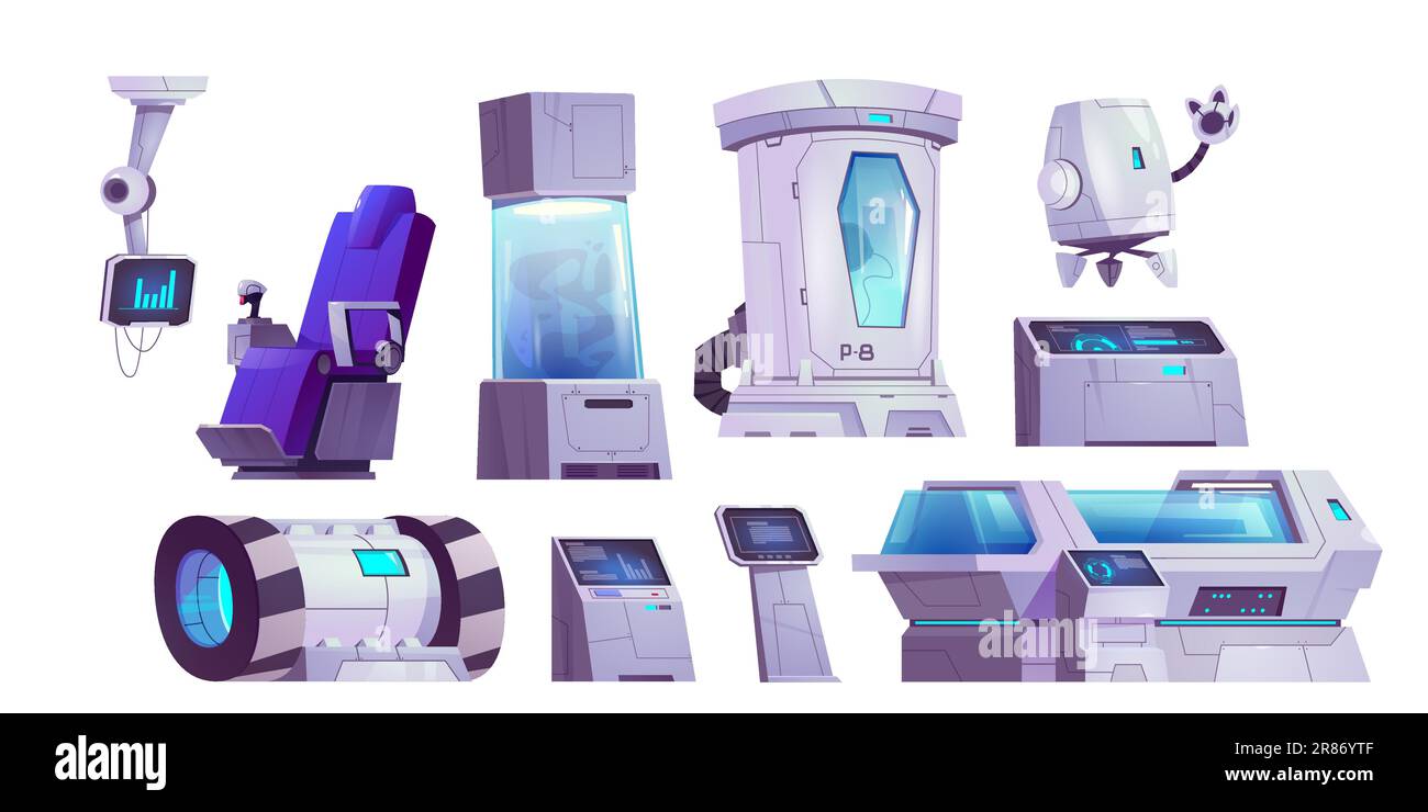 Futuristic cryogen capsule science laboratory isolated set. Cartoon lab ...