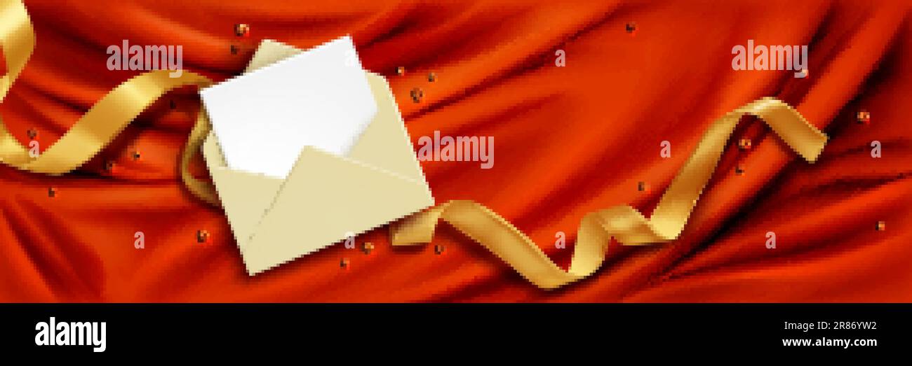 Mail with card or letter on luxury background with gold ribbon and red ...
