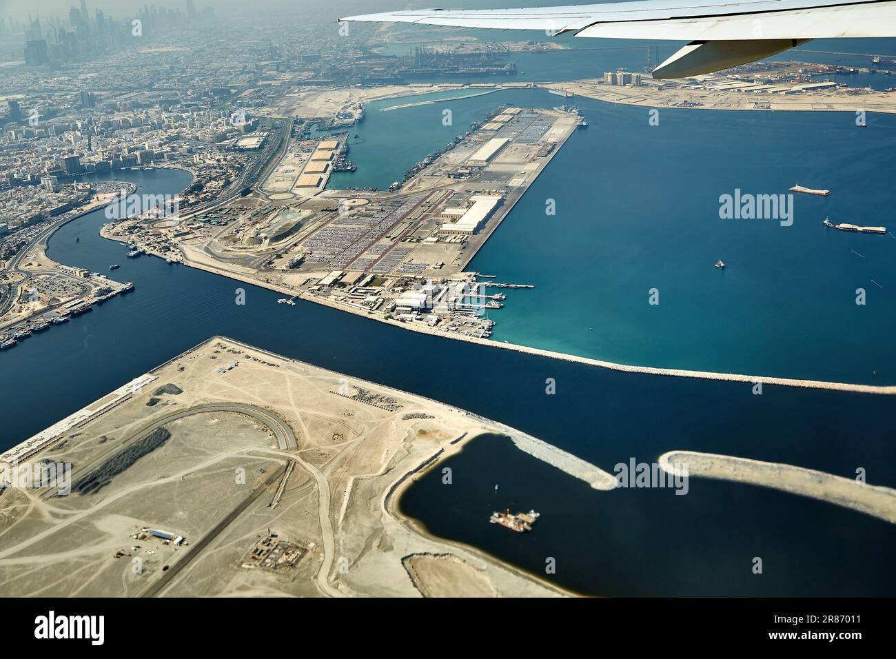 Dubai View from Air, insustrial ports Stock Photo - Alamy
