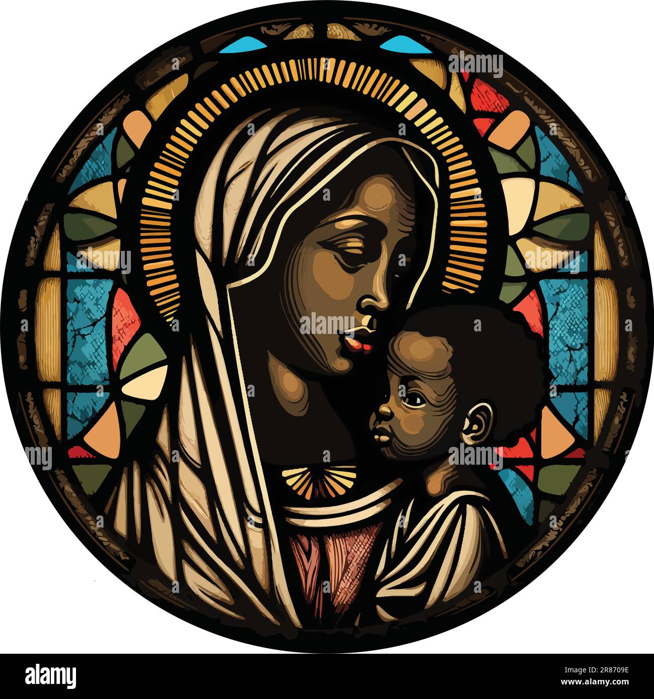 Vector of African Mary and baby Jesus, circular, stained glass style ...