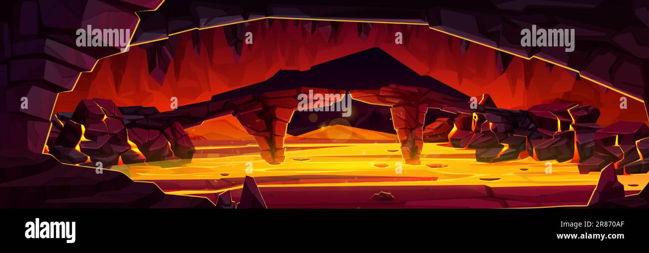 Cartoon volcano cave with lava flow inside. Vector cartoon illustration ...