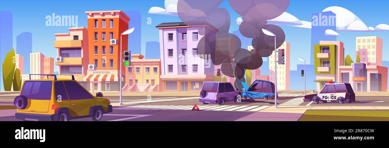 Car accident on city road cartoon illustration. Drive crash with hood ...