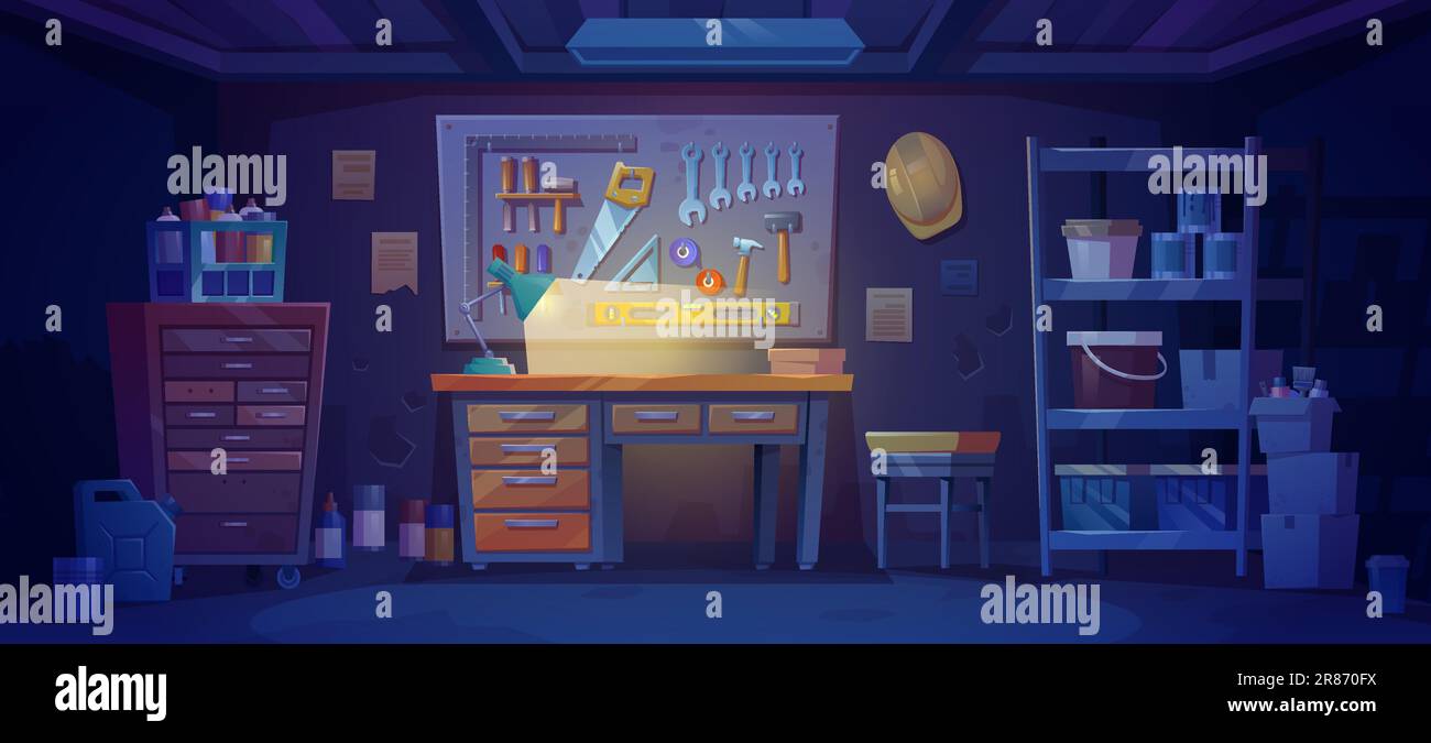 Night workshop interior in garage storage room with tool shelf and lamp ...