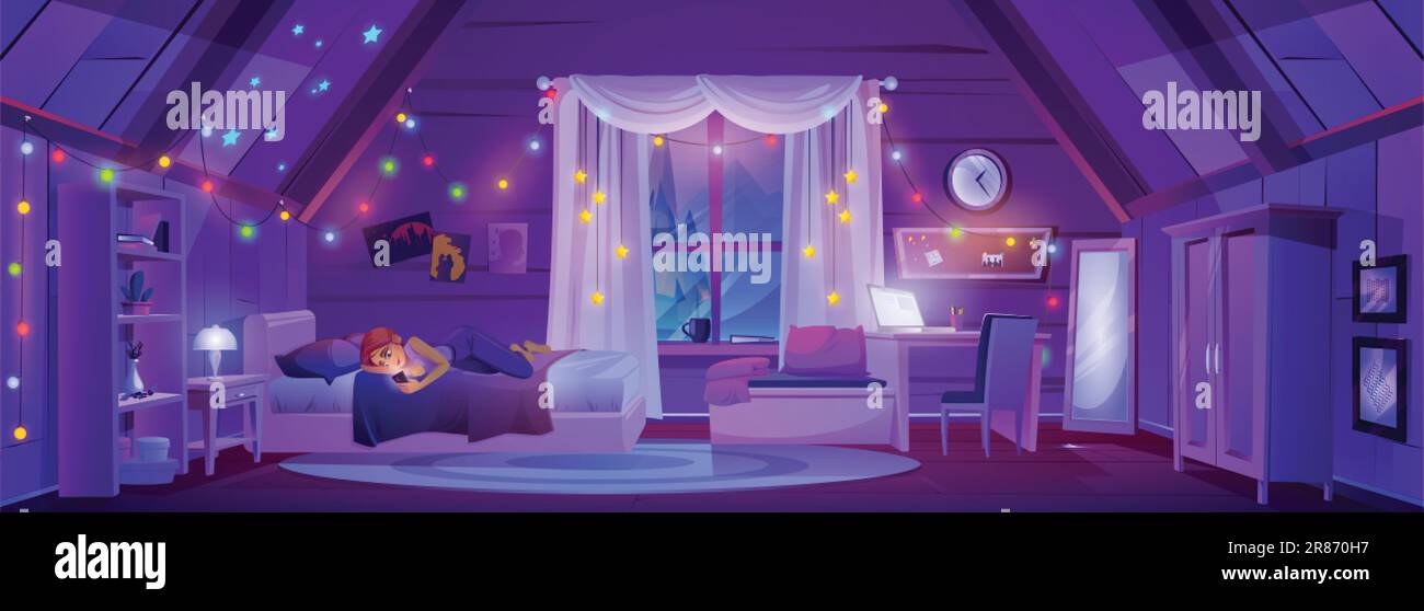 Night attic bedroom interior and girl lying with smartphone cartoon ...