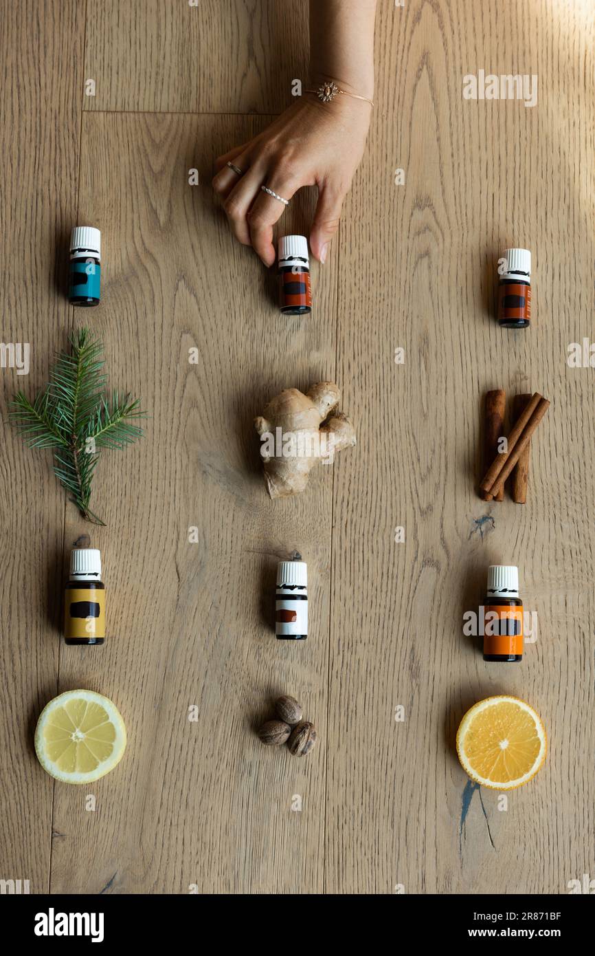 Natural ingredients with natural oils,natural oil jars,view from above ...