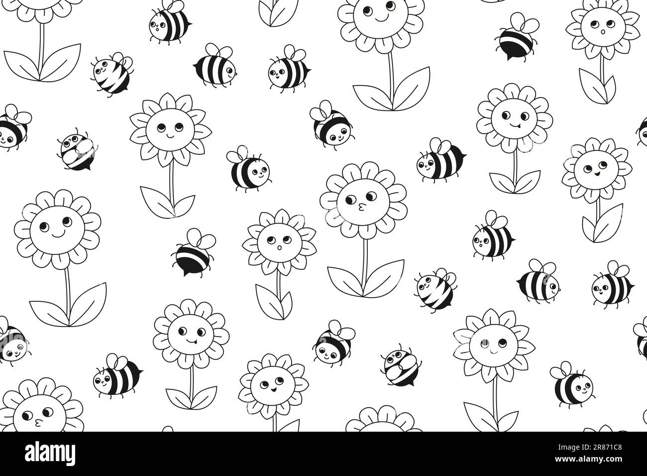 Bee honey and flowers retro seamless pattern. Summer cartoon meadow ...