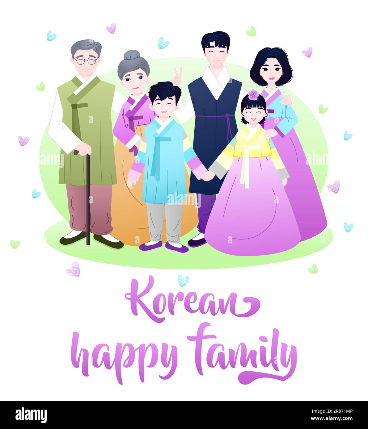 Korean happy family illustration in hanbok. Korean characters in ...