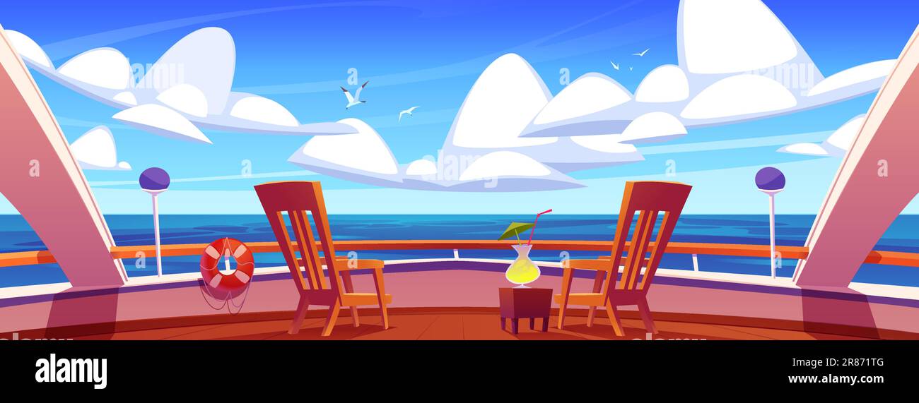 Cartoon yacht deck with beautiful sea view. Vector illustration of ...