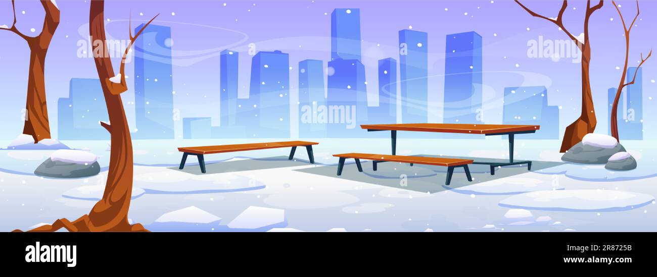 Snowy winter in urban park. Vector cartoon illustration of public ...