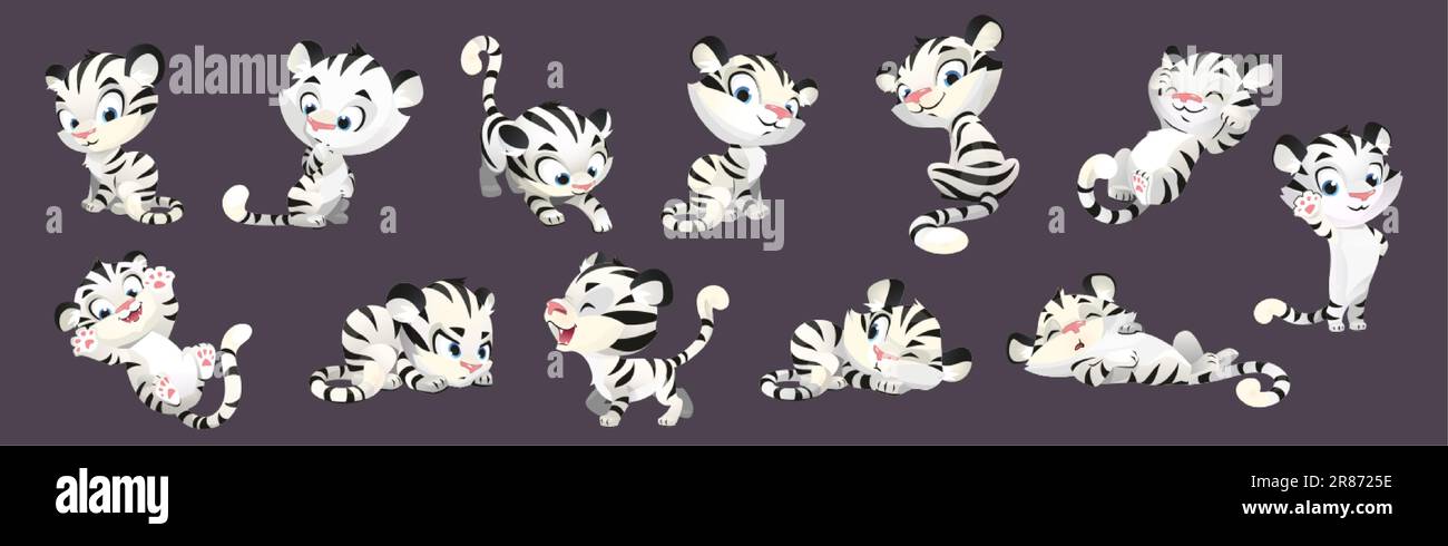 Cute white tiger baby cartoon vector character set. Small dancing ...