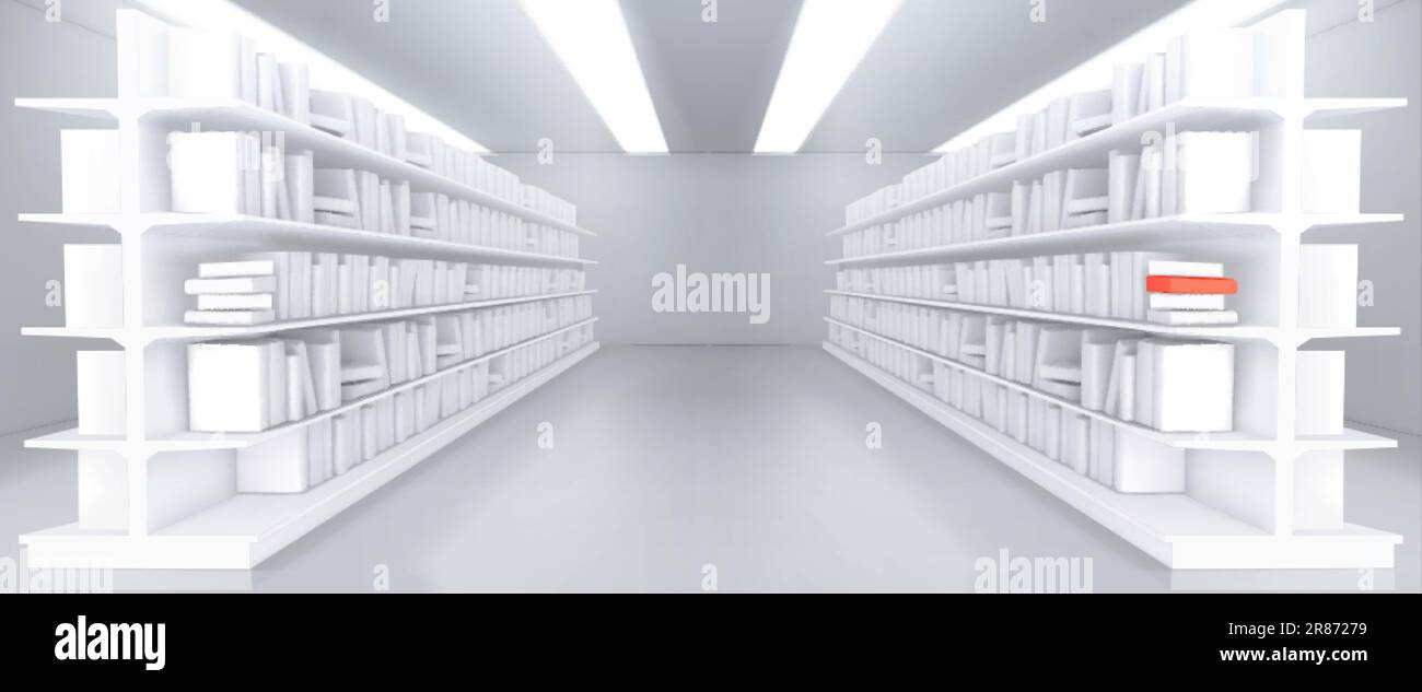 Realistic bookstore aisle with book mockups. Vector illustration of ...