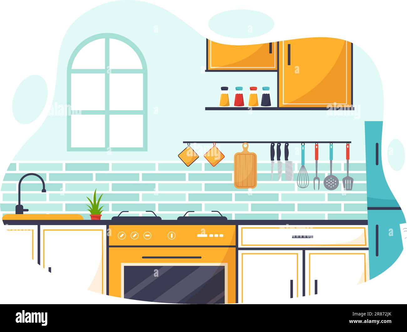 Kitchen Architecture Vector Illustration with Furniture and Interior ...